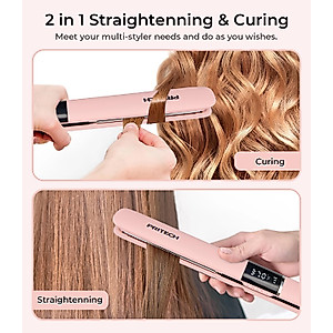 PRITECH Flat Iron Hair Straightener, Titanium Flat Iron with Adjustable Temp(290°F-450°F), 1 inch Plate for All Hairstyles Anti-Scald Dual Voltage Straightening and Curler 2 in 1 (Pink)