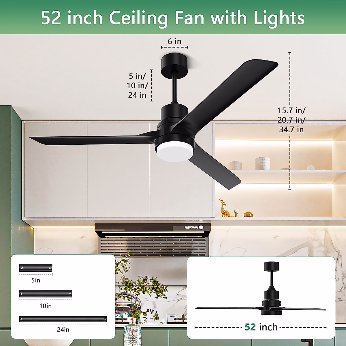 BECLOG Ceiling Fans with Lights and Remote, 52 Inch Ceiling Fan Outdoor Indoor Black Noiseless Reversible DC Motor for Patio Farmhouse Bedroom