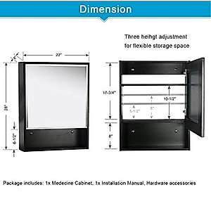 eclife 22" x 28" Modern Medicine Cabinet, Wall Mounted Wood Storage Cabinet with Mirror, Large Open Shelf for Bathroom, Black