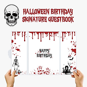 DARUNAXY Halloween Birthday Party Decorations, Red Halloween Happy Birthday Alternative Signature Guest Book Birthday Gifts on Halloween Skull Ghost Birthday Signing Card Party Supply Day of The Dead