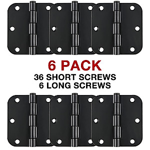 6 Pack Black Door Hinges - 3.5 x 3.5 Inch, Matte Black, 5/8 Inch Radius Corners, Standard Residential & Office Door Hardware