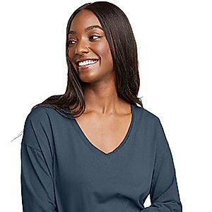 Hanes Comfortblend Originals V-Neck Long Sleeve T-Shirt, Cotton Tees for Women, Raw Edge V-Neckline, Trekking Grey, Medium