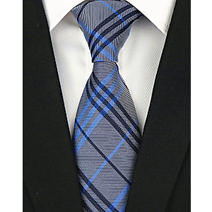Kihatwin Men's Blue Grey Ties Trendy Tartan Plaid Narrow-width Wedding Necktie for Grooms