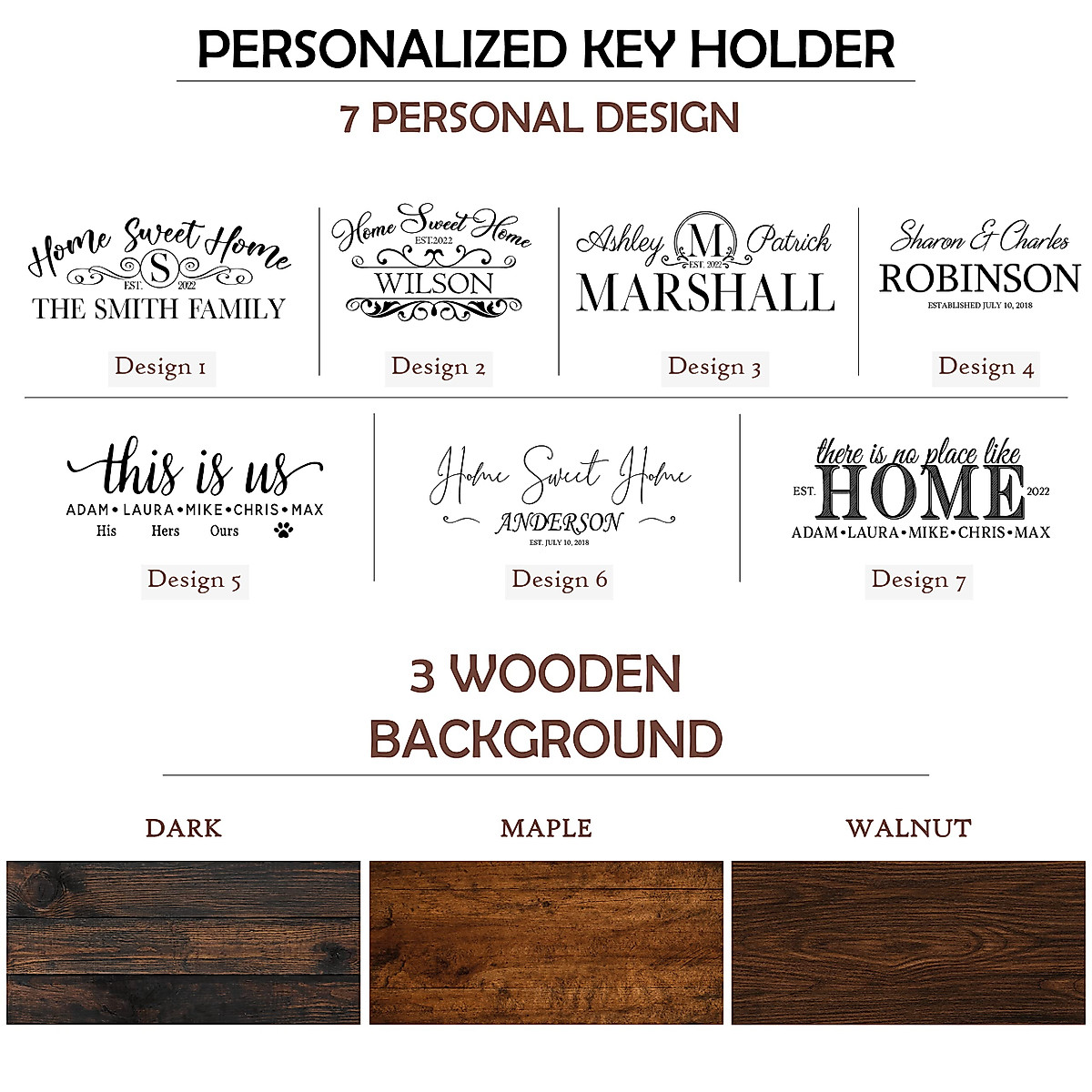 Personalized Key Holder for Wall - Custom Key Hanger with Family Name | 12 Designs, 8 Background Options | House Warming Presents for New Home, Wedding Gifts for Couple, Natural Wood Key Rack
