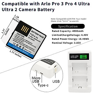 NBZZ Battery for Arlo Pro 3 Pro 4 with Dual Charger Rechargeable Battery 4800mAh for Arlo Ultra Ultra 2 Camera Battery Accessories VMC4040P VMA5400 4800mAh (2 Batteries with Charger Hub)