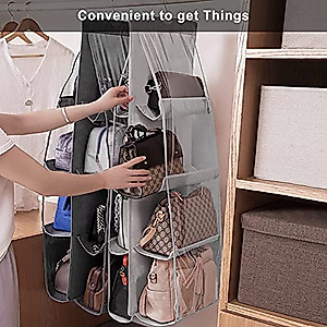 Lirex 2-Pack Handbag Hanging Purse Organizer for Closet, 8 Pocket Handbag Storage Organizer Hanger Oxford Cloth Closet Organizer for Family Closet Bedroom, Foldable and Universal Fit, Grey