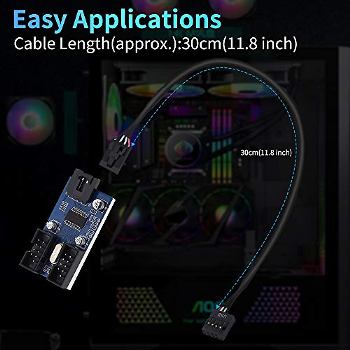 ELECTOP 9 Pin 2 in 1 Internal USB Splitter Cable, 9 pin USB Header Male 1 to 2 Female Extension Connector Adapter, USB 2.0 HUB Connector Port Multiplier PWM Fan Splitter Cable (30cm/0.98ft)