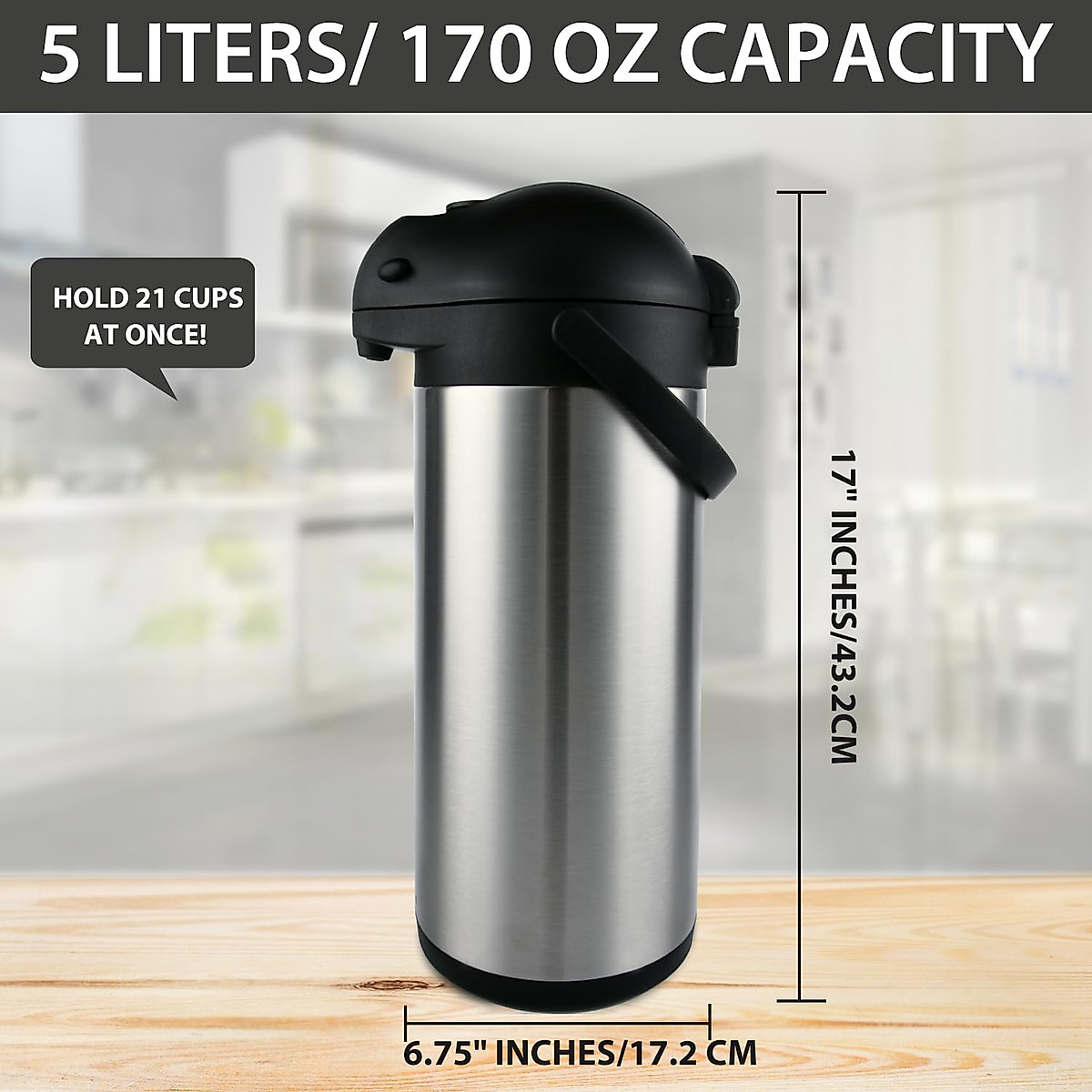 Heritage66 Stainless Steel Thermal Coffee Carafe Airpot-Large Beverage Dispenser Triple Wall Thermos Vacuum insulated Keeping Hot Coffee for 10 hours tea water coffee (5Liter /170 OZ)