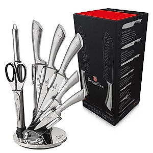 Berlinger Haus Stainless Steel Bread Box for Kitchen Countertop and Kitchen Knife Set with Block 8 Piece, Silver
