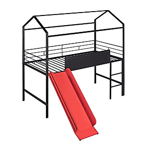 Twin House Loft Beds with Slide & Chalkboard, Low Loft Bed Twin Size, Metal House Bed with Guardrail and Ladder, Metal Twin Size Loft Bed for Kids Teens Girls Boys (Twin, Black + Red)