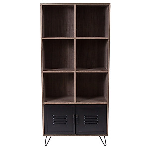 Flash Furniture Woodridge Collection 59.25"H 6 Cube Storage Organizer Bookcase with Metal Cabinet Doors and Metal Legs in Rustic Wood Grain Finish