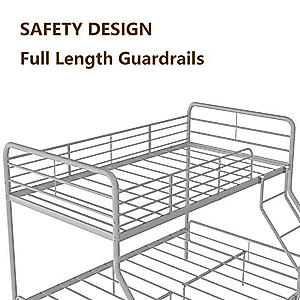 Bunk Bed Twin Over Full, Heavy Duty Metal Bunk Bed Frame with Guard Rail & Flat Ladder Stairs, Space-Saving, No Box Spring Needed (Silver)