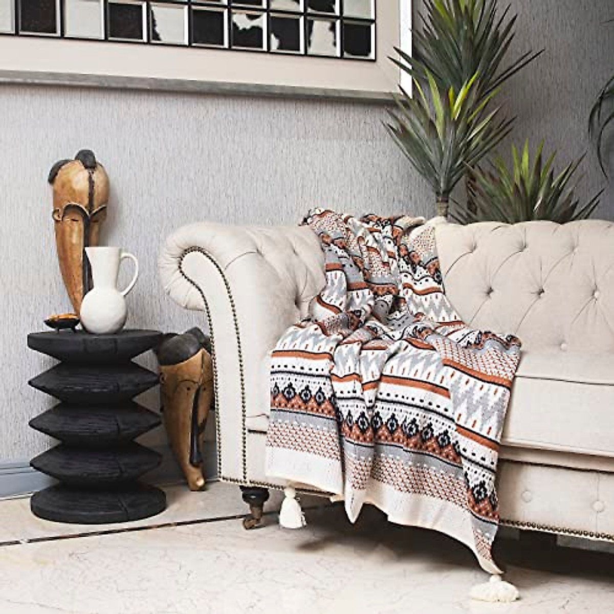 BlossoME Knit Blanket Throws 50”*66” Brown/All Season Boho Throws/Decorative Blanket Throws for Beds, Chairs, Sofas, Couch/Brown Thermal Throw Blankets for Gifts, Beige