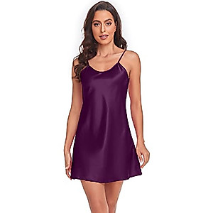 AUHEGN Sleepwear Sexy Lingerie Nightgown Chemise Satin Slip Silk Negligee Nightie Bridal Babydoll for Women Purple Medium