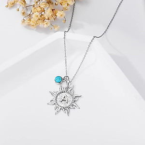 BETHZA Sun Initial Necklace 925 Sterling Silver Natural Turquoise A to Z Letters Sun Pendant 26 Alphabet Jewelry for Women Girlfriend Wife Mom-A