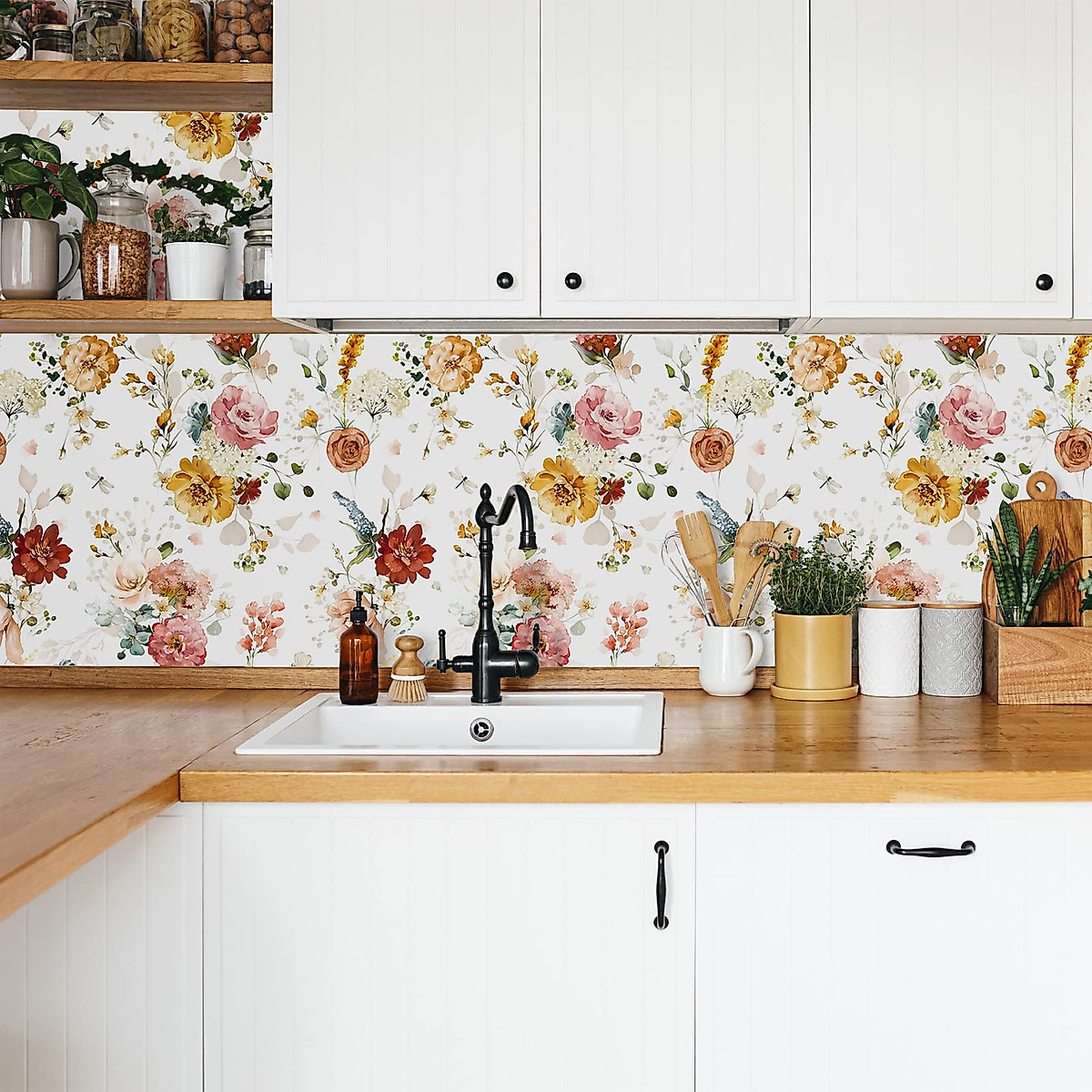 VEELIKE 17.7''x118'' Peel and Stick Wallpaper Vintage Pink/Red/Yellow Bouquet Floral Wallpaper Removable Self Adhesive Vinyl Decorative Contact Paper for Bedroom Bathroom Walls Cabinets