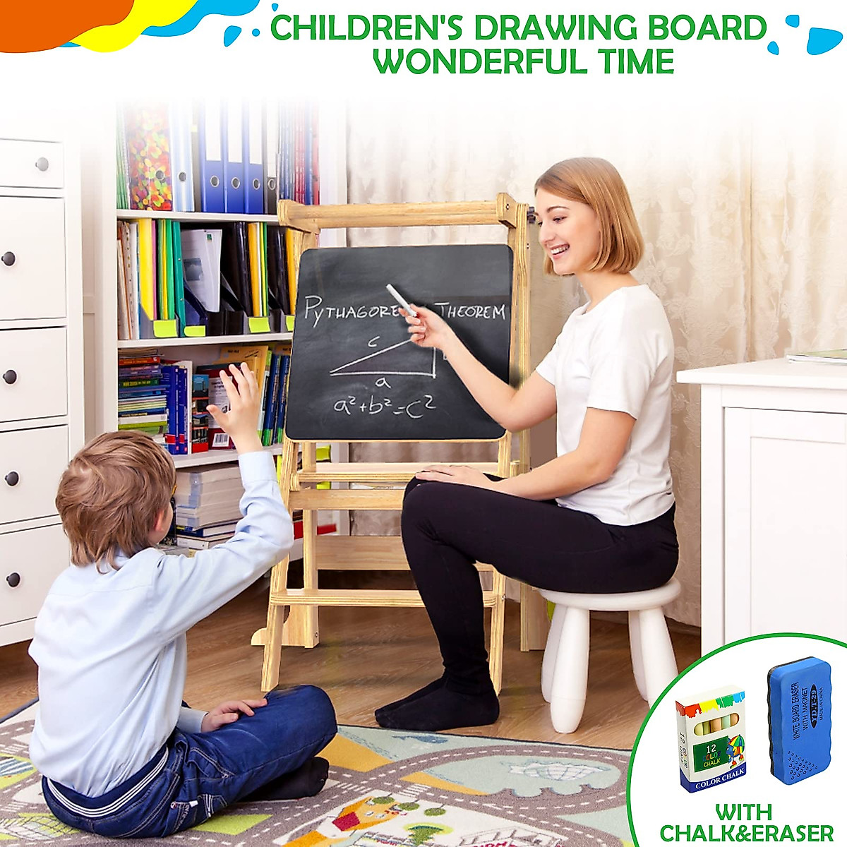 Toddler Tower Foldable - Kids Kitchen Step Stool with 3 Adjustable Heights & Safety Rail, Montessori Tower with Chalkboard for Learning, Standing Tower Helper Stool for Kitchen Counter Sink (Natural)