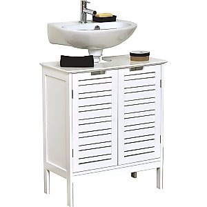 EVIDECO French Home Goods Miami White Wooden Floor Cabinet - Ideal for Wall-Mounted & Vessel Sink Storage, Modern Shutter Doors, Ample Space, Excludes Pedestal Fit