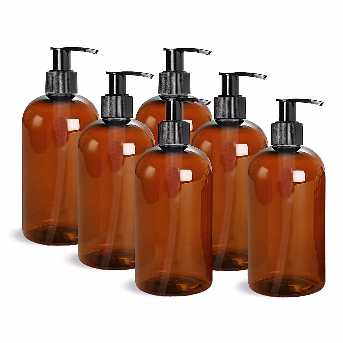 ljdeals 16 oz Amber Plastic Bottle with Black Lotion Pump, Refillable Containers for Shampoo, Lotions, Cream and more, Pack of 6, BPA Free, Made in USA