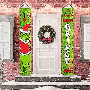 Grinch Christmas Decorations Grinch Porch Sign Door Banner Merry Grinchmas Theme Photography Yard Sign Banner Supplies For Home Office Fireplace Christmas New Year Party Decorations