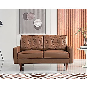 Container Furniture Direct Modern Style Faux Leather Loveseat with Elegant Round Tapered Legs and Button Tufted Backrest Perfect for Living Room, Bedroom or Home Office, 57.5’’ Wide, Brown