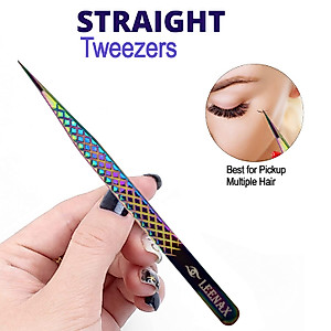 Eyelash Extension Tweezers Fiber Tip (Anti – Slip) Set of 2 pieces straight & curved with Diamond Grip, Rainbow Colour,14cm, volume Tweezers, Lash Extension Precision tweezers. (Multi)