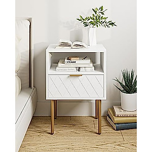 Aobafuir Nightstand, Drawer Dresser for Bedroom, Small Side Table with Drawer, Bedside Furniture, Night Stand, End Table with Gold Frame for Bedroom,Living Room,White