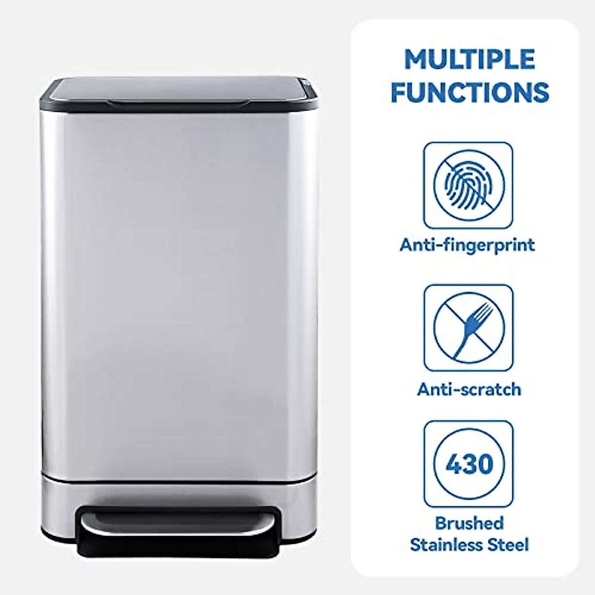 ELPHECO Kitchen Trash Can 13.2 Gallon Stainless Steel Garbage Bin with Soft Slow Lid, 50 Liter Pedal Trash Can, Durable Pedal, Removable Plastic Inner Bucket Waste Bin for Office, Kitchen, Outside