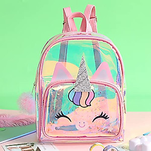 VALICLUD Clear Unicorn Backpack for Girl Holographic Backpack Clear Backpack Unicorn Transparent Backpack Clear Mini Backpack Casual Daypacks (Pink)