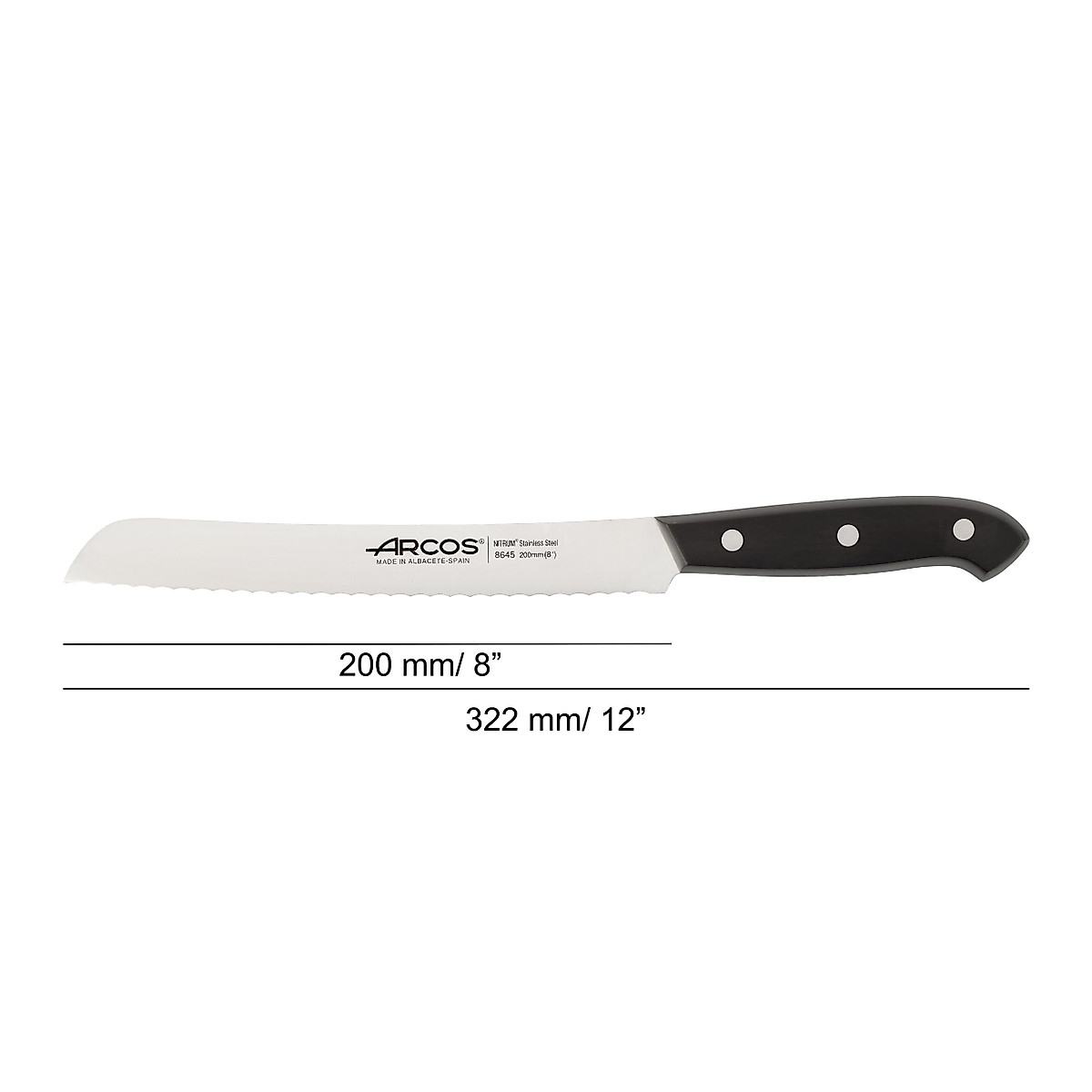 ARCOS Bread Knife 8 Inch Serrated Nitrum Stainless Steel and 200 mm blade. Kitchen Knife. Ergonomic Polyoxymethylene POM Handle. Series Bolonia. Color Black