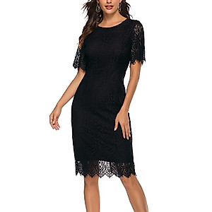 MEROKEETY Women's Short Sleeve Lace Floral Cocktail Dress Crew Neck Knee Length for Party, ShortBlack, Medium