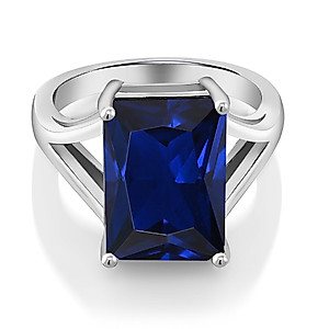 Gem Stone King 10.00 Cttw Blue Created Sapphire Solitaire Ring For Women In 925 Sterling Silver | Emerald Cut 14X10MM | Available In Size 5, 6, 7, 8, 9