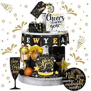 Umigy 14 Pcs Happy New Year Tiered Tray Decor 2025 Christmas Winter Table Decorations Star Formal Hat Wooden Signs New Year Rustic Decor Xmas Table Centerpieces for Home Kitchen Holiday