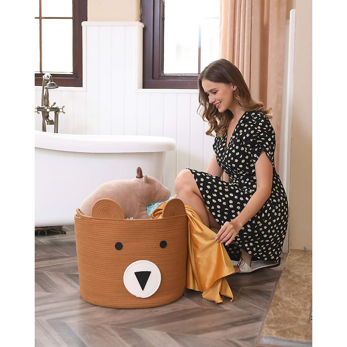 Bear Basket, Animal Basket, Large Cotton Rope Basket, Large Storage Basket, Woven Laundry Hamper, Toy Storage Bin, for Kids Toys Clothes in Bedroom, Baby Nursery, Orange Brown 18"x15"