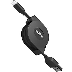 LIQUIPEL Powertek Retractable MFi Certified Charger Compatible for Apple iPhone, iPad, 3ft Cable, Lightning to USB Cable Cord, Fast Charging Lightning Cable (Black)