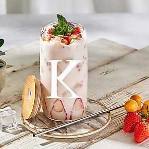 Elysine Initial Glass Cup 16oz, Monogrammed Gifts for Women, Glass Can Cup w/Bamboo Lid Straw,Personalized Valentines Mother Day Birthday Gifts for Women, Mom, Wife, Girlfriend, Sister, Friends (K)