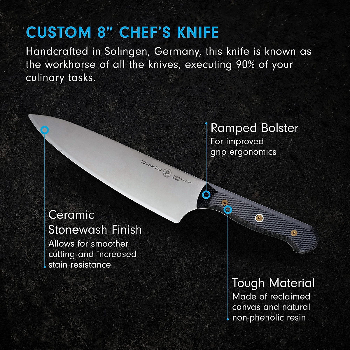 Messermeister Custom 8” Chef’s Knife - X50 German Stainless Steel - Rust Resistant & Easy to Maintain - Made in Solingen, Germany