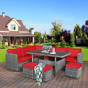 Tangkula 7 Pieces Patio Furniture Set, Outdoor Sectional Rattan Sofa Set with Cushions, All Weather Wicker Conversation Couch Set w/Dining Table & Ottomans for Backyard Garden Poolside