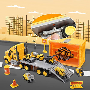 22 in 1 Construction Trucks Push and Go Car Carrier Truck Toy with Mini Alloy Diecast Trucks, Play Vehicles Set with Sounds and Lights, Gifts for Boys Toddler Kids