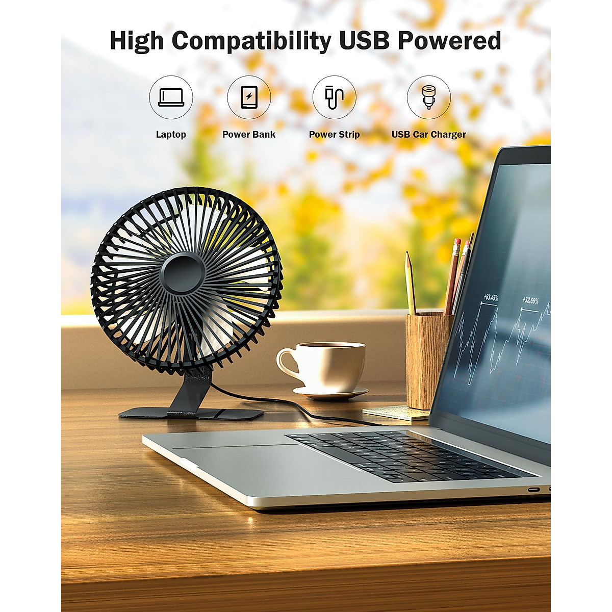SLENPET 6 inch USB Desk Fan, 4 Speeds, Ultra-quiet, 90° Adjustment for Better Cooling, Portable Mini Powerful Desktop Table Fan, Small Personal Fan for Home Office, Metal Base, Black