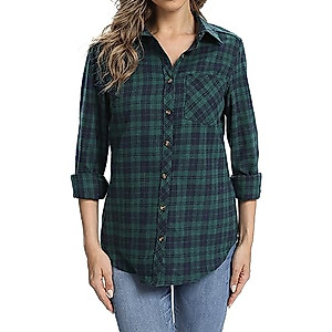 Fuinloth Women's Flannel Button Down Shirt, Plaid Long Sleeve Pure Cotton with Pocket 1 Dark Green Large
