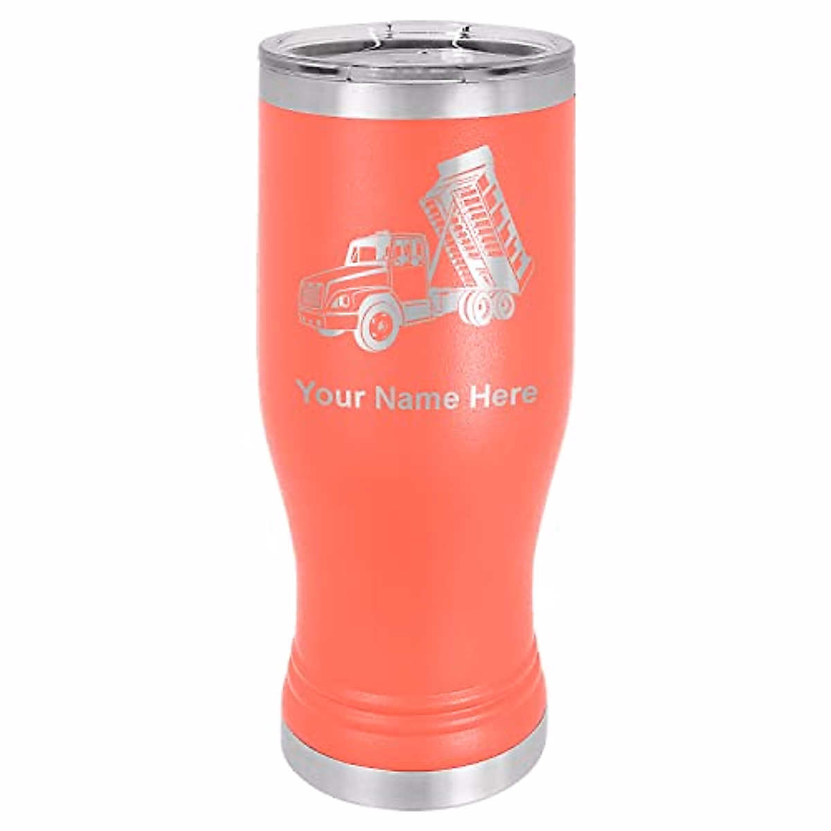 LaserGram 14oz Vacuum Insulated Pilsner Mug, Dump Truck, Personalized Engraving Included (Coral)