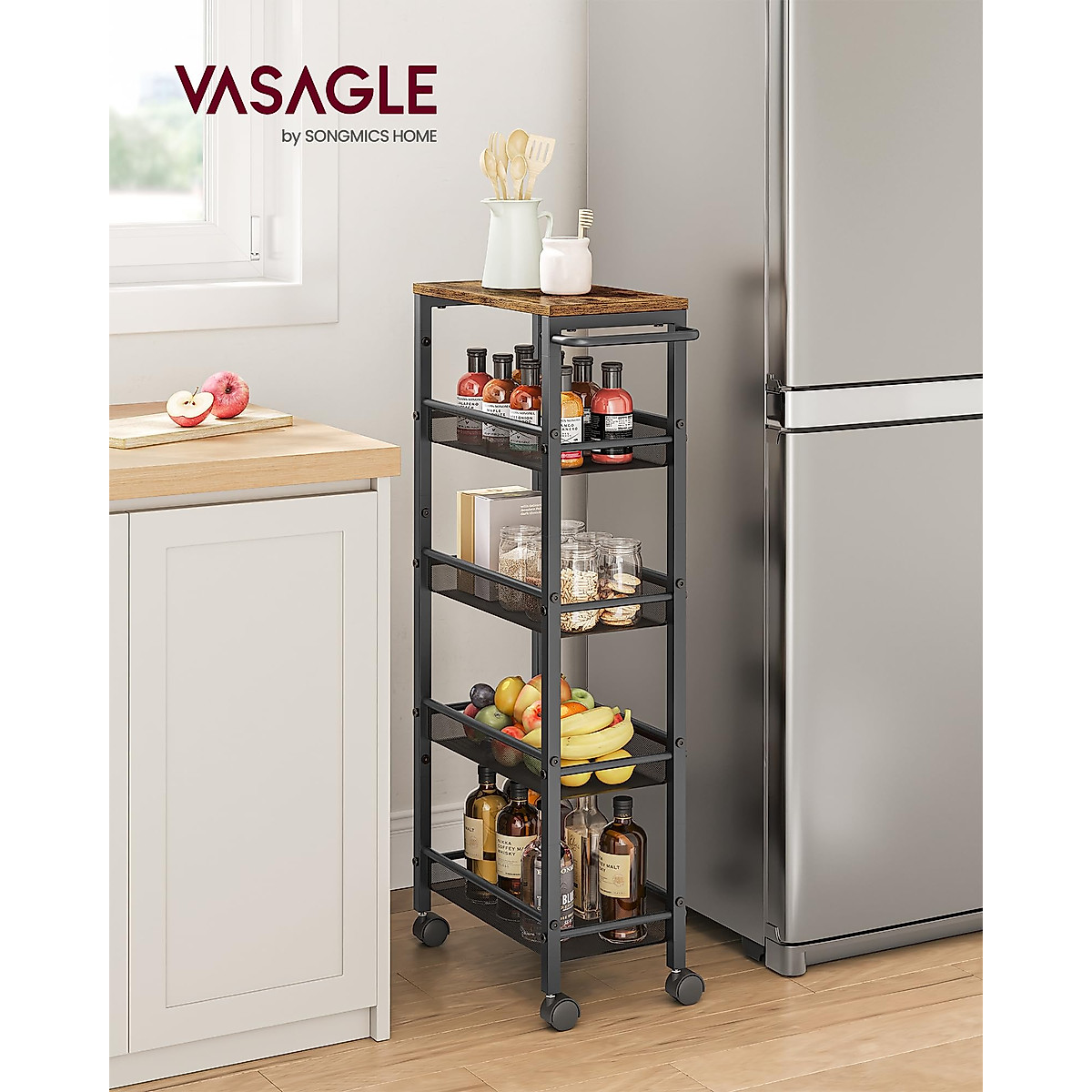 VASAGLE Slim Rolling Cart, 5-Tier Storage Cart, Narrow Cart with Handle, 8.7 Inches Deep, Metal Frame, for Kitchen, Dining Room, Living Room, Home Office, Rustic Brown and Black ULRC035B01