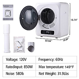 Portable Dryer for Apartments, Front Load 120 V Electric RV Dryer with Smart Moisture Sensor, LCD Control Panel Tumble Portable Clothes Dryer Machine with Stainless Steel Drum for Apartment, Dorm and Home 850W, White 9 LBS