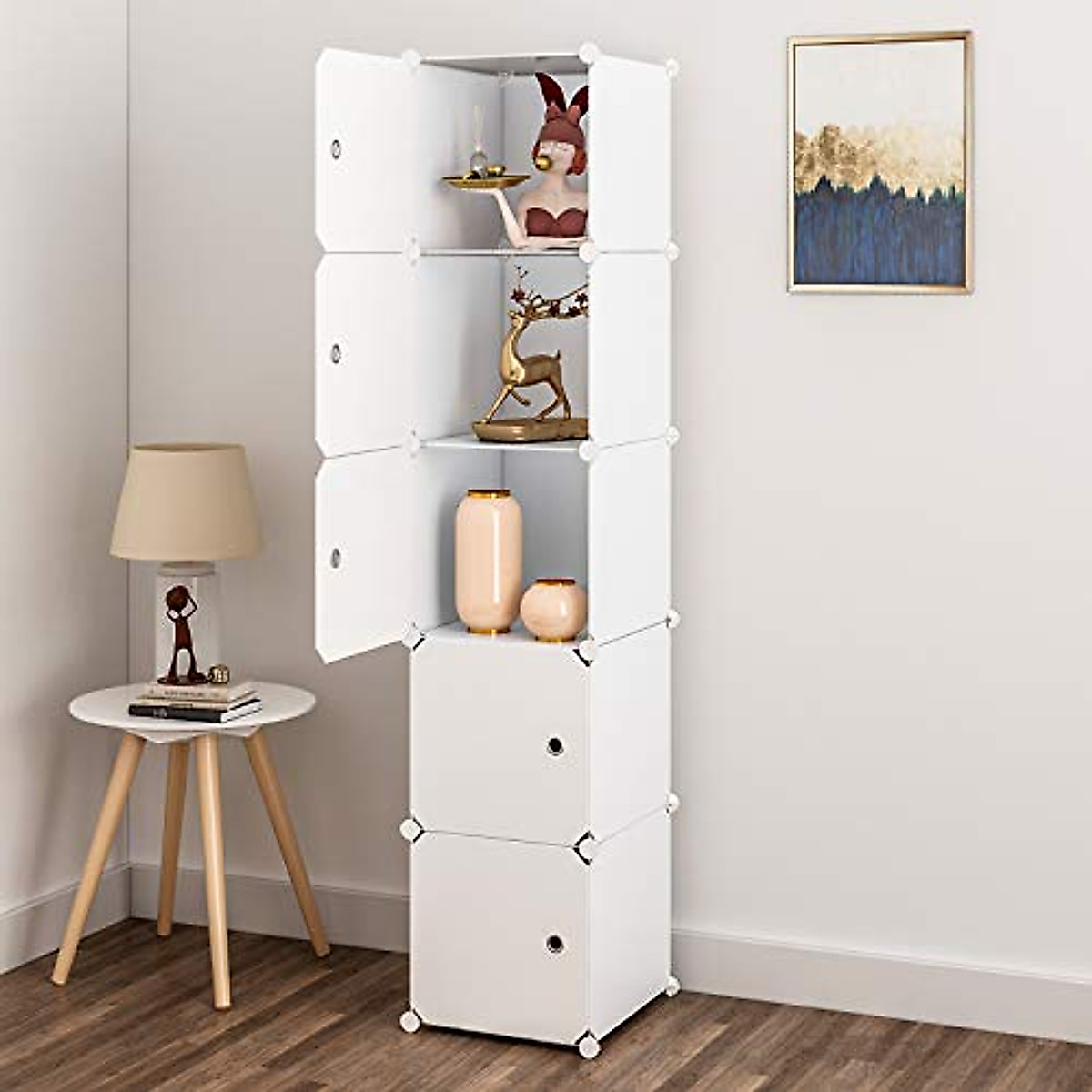 Aeitc Cube Organizer 5-Cube (11.8inx11.8in) Narrow Cabinet Closet Storage Shelves Plastic Storage Shelving for Bedroom, Living Room, Office, White with Doors