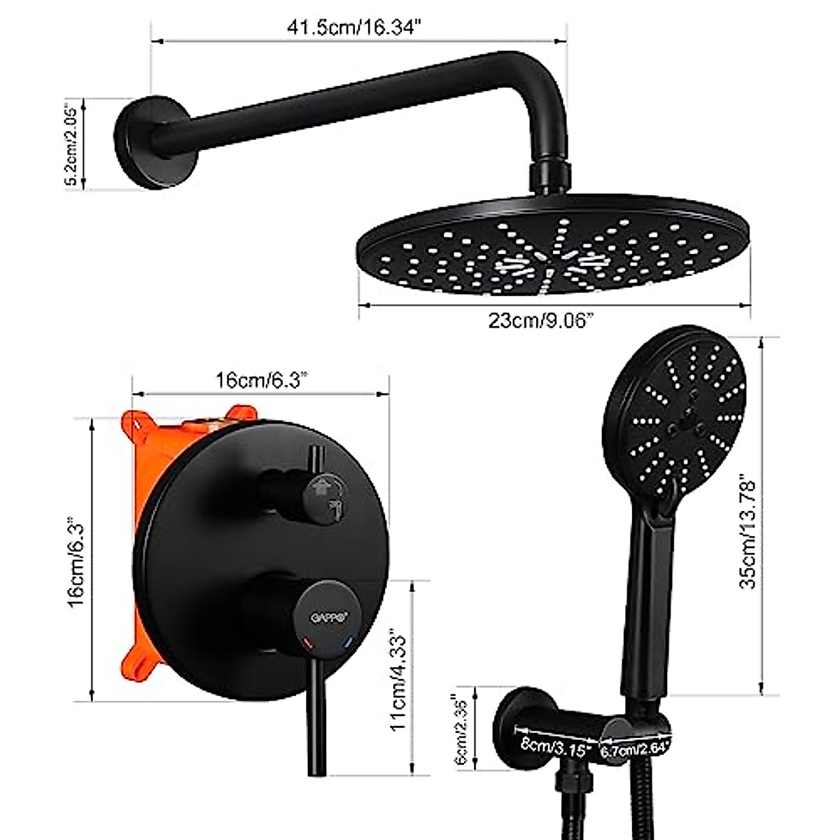 GAPPO Matte Black Shower System 9 Inch, Rain Shower Head with Handheld Spray High Pressure, Bathroom Luxury Wall Mounted Shower Faucet Set Rough-in Valve and Shower Trim Included