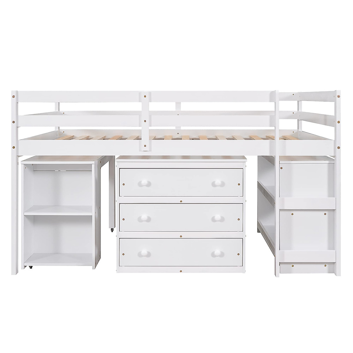 Harper & Bright Designs Low Loft Bed with Desk Underneath Wooden Full Size Kids Loft Bed with Storage Cabinet & Bookshelf,Full Loft Bed Frame for Girls Boys (Full, White)