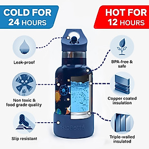 H2OBotté Kids Water Bottle for School - 12oz (Straw Lid), Reusable, leakproof Insulated Stainless Steel Reusable Water bottle for Girls, Boys (Solar Trek)