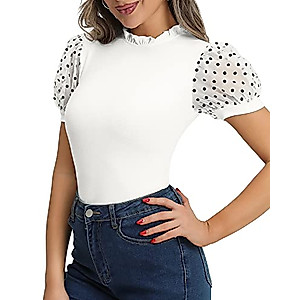 MANGOPOP Women's Bodysuit Ruffle Mock Turtle Neck Polka Dot Sheer Mesh Puff Short Sleeve Slim Fit Body Suit Tops Casual Sexy (L, B Short Sleeve White)
