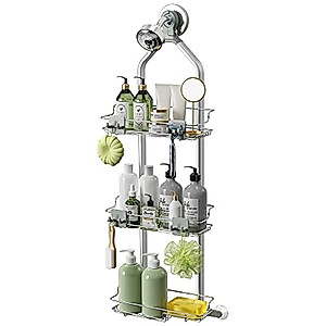 Thideewiz 3 Tier Hanging Shower Caddy over Shower Head, Silver Rustproof Shower Organizer with Hooks, Anodized Aluminum Rod and Stainless Steel Shelf